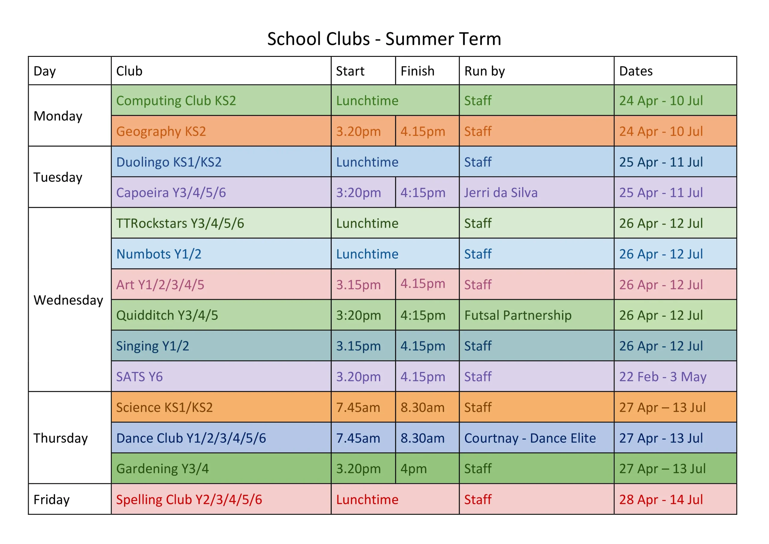 Clubs Calendar - Kirk Fenton CE Primary School